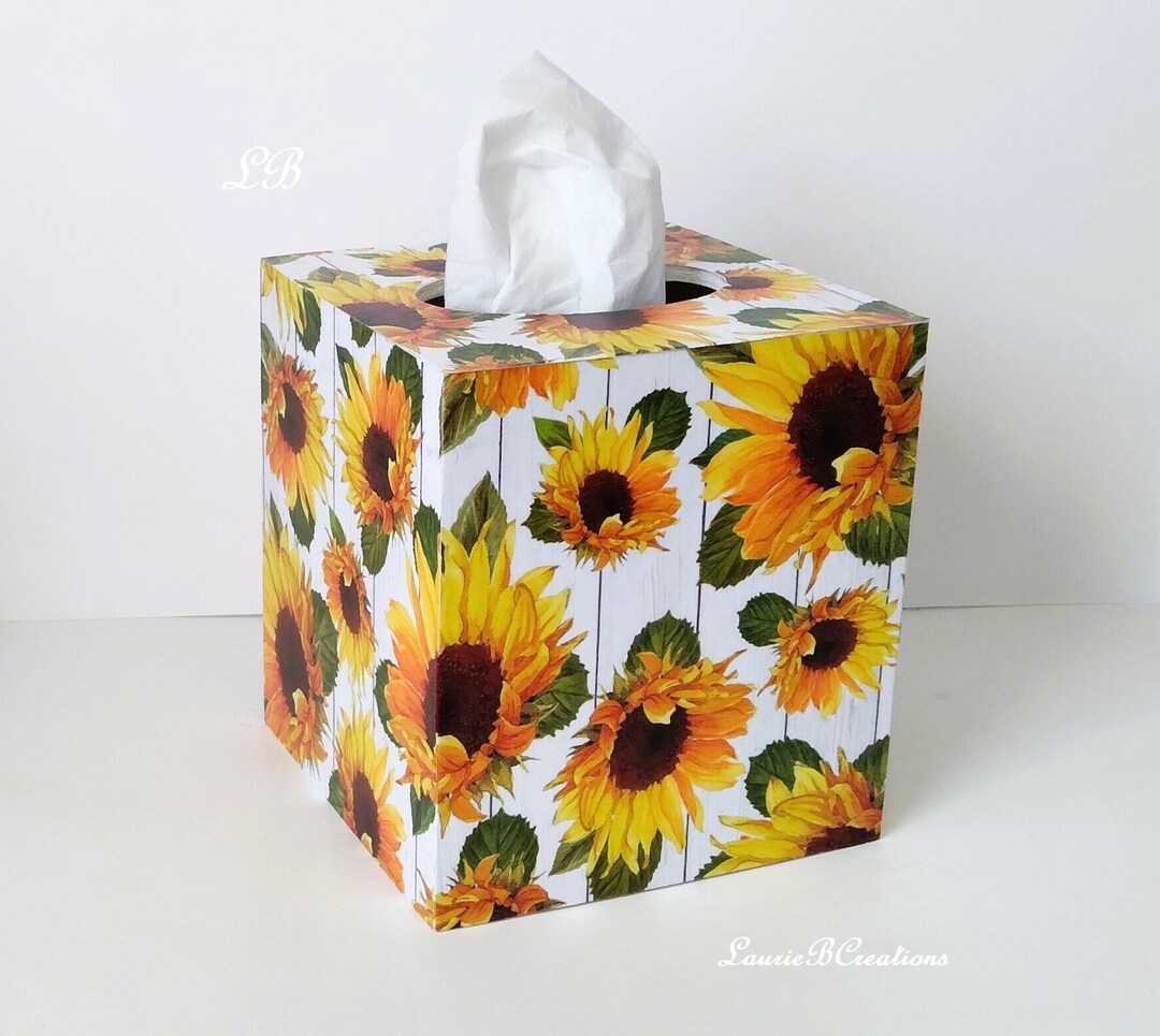 SUNFLOWER TISSUE BOX Cover Decoupage Sunflowers on White Wood ...