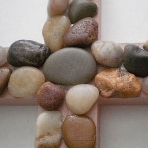 RIVER ROCK Wall Cross - Hand Painted Beige Wood Cross W/ River Pebble ...