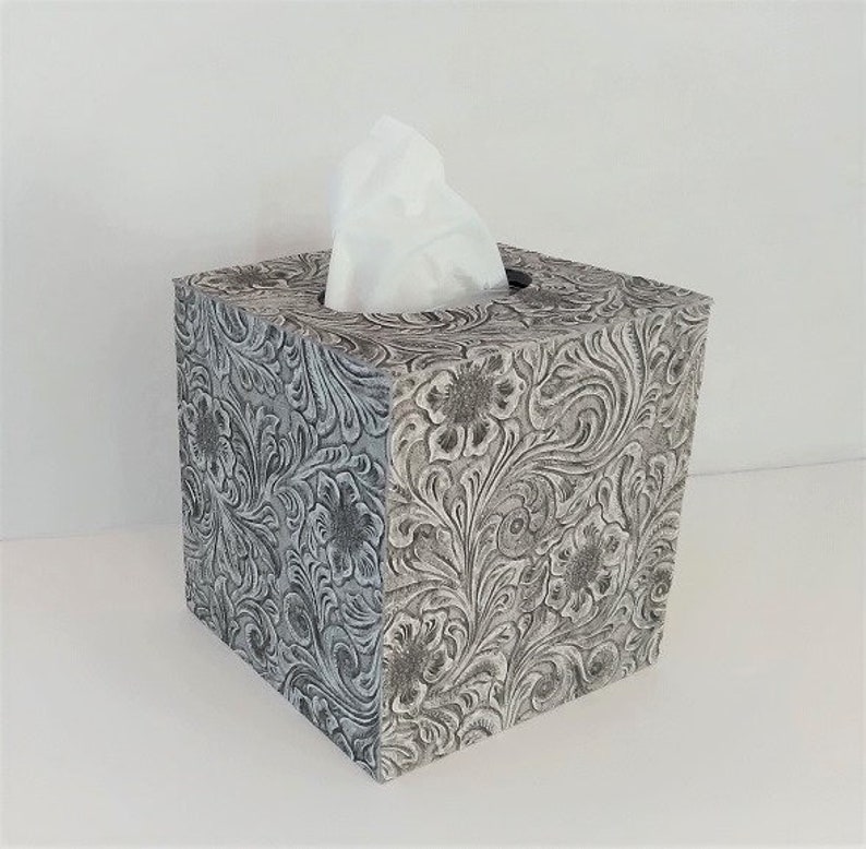 FLORAL TEXTURED TISSUE Box Cover- Embossed Vinyl Flower and Swirl Leaf ...
