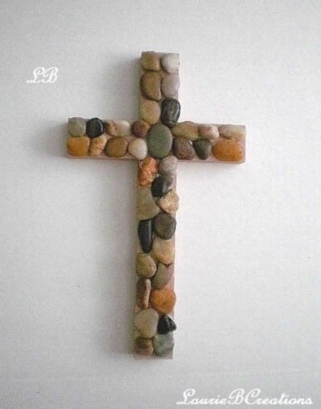 RIVER ROCK Wall Cross Hand Painted Beige Wood Cross W/ River Pebble ...