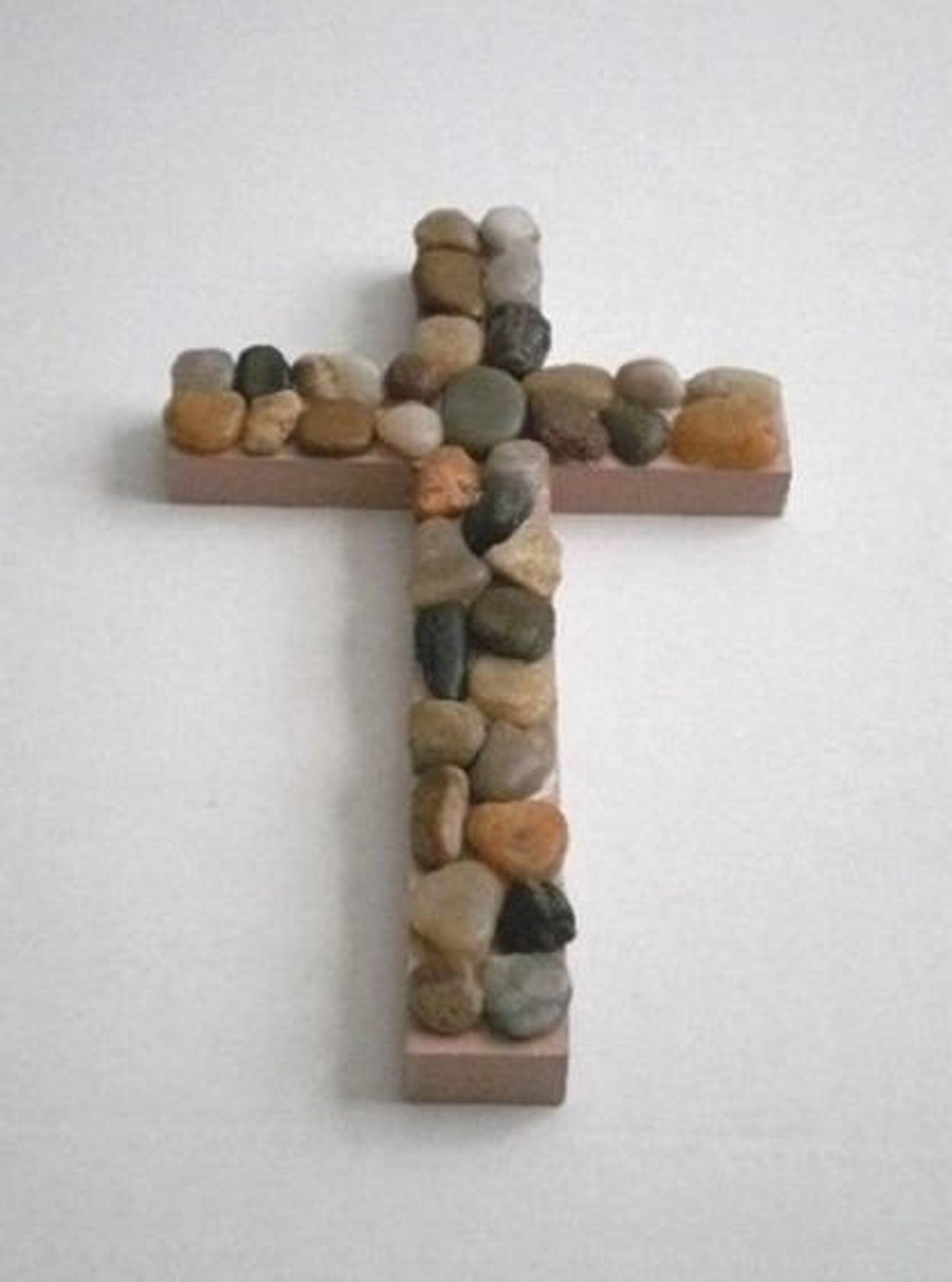 RIVER ROCK Wall Cross - Hand Painted Beige Wood Cross W/ River Pebble ...