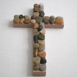 RIVER ROCK Wall Cross - Hand Painted Beige Wood Cross W/ River Pebble ...
