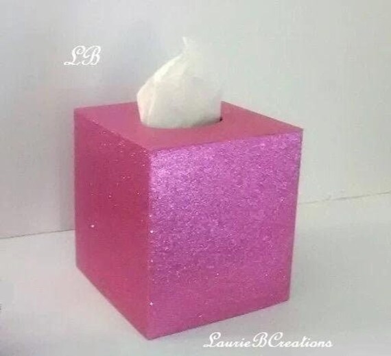 GLITTER TISSUE BOX Cover Pink Raspberry Fine Glitter or Choose From Variety of Glitter Colors Square Tissue Holder Bath Home
