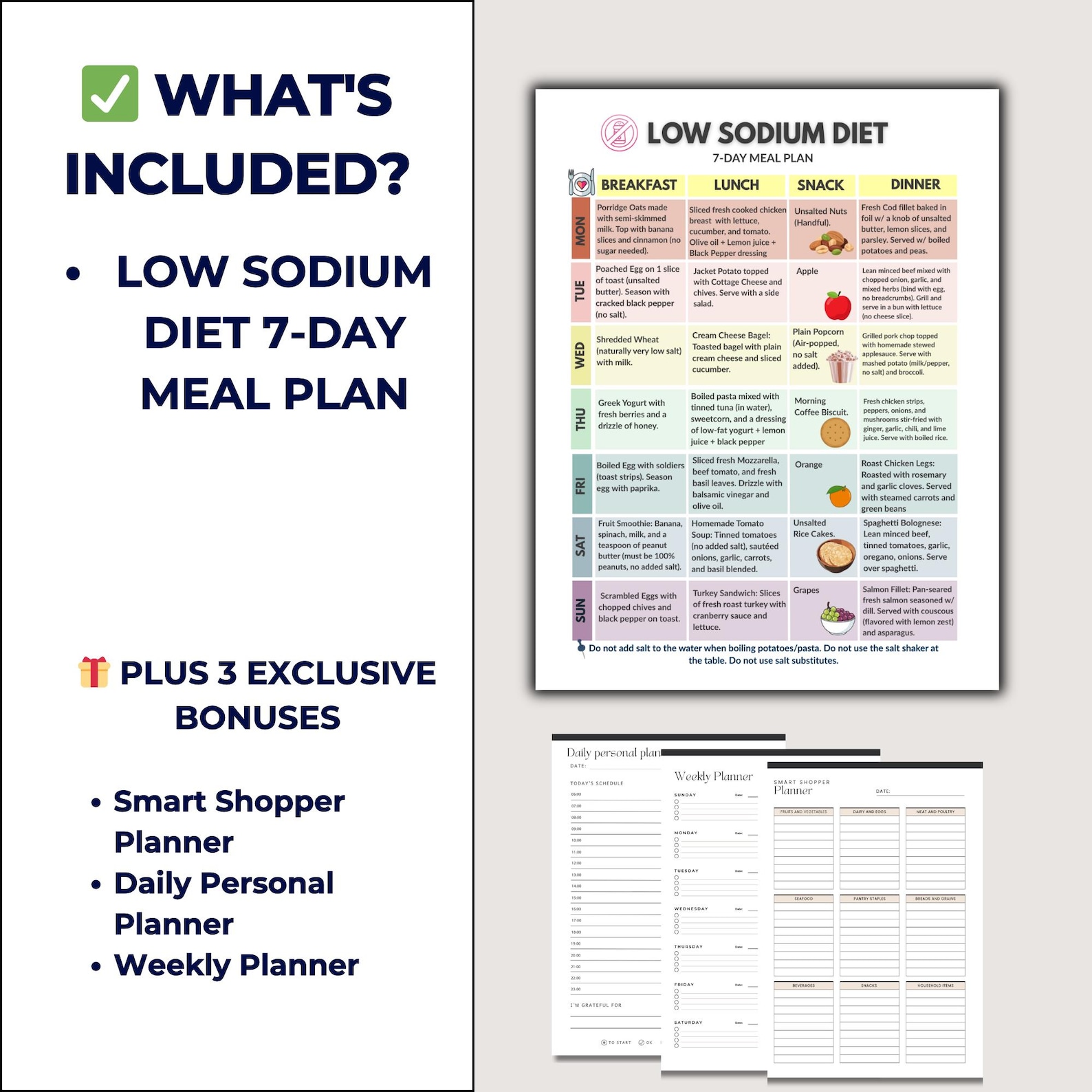 Low Sodium 7 Day Meal Plan, No Salt Diet List, Heart Healthy Grocery ...