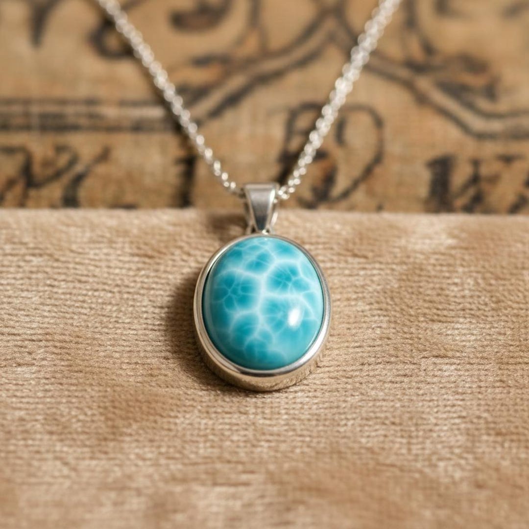 Larimar Oval Pendant Necklace, Bezel Set Necklace, Blue Gemstone ...