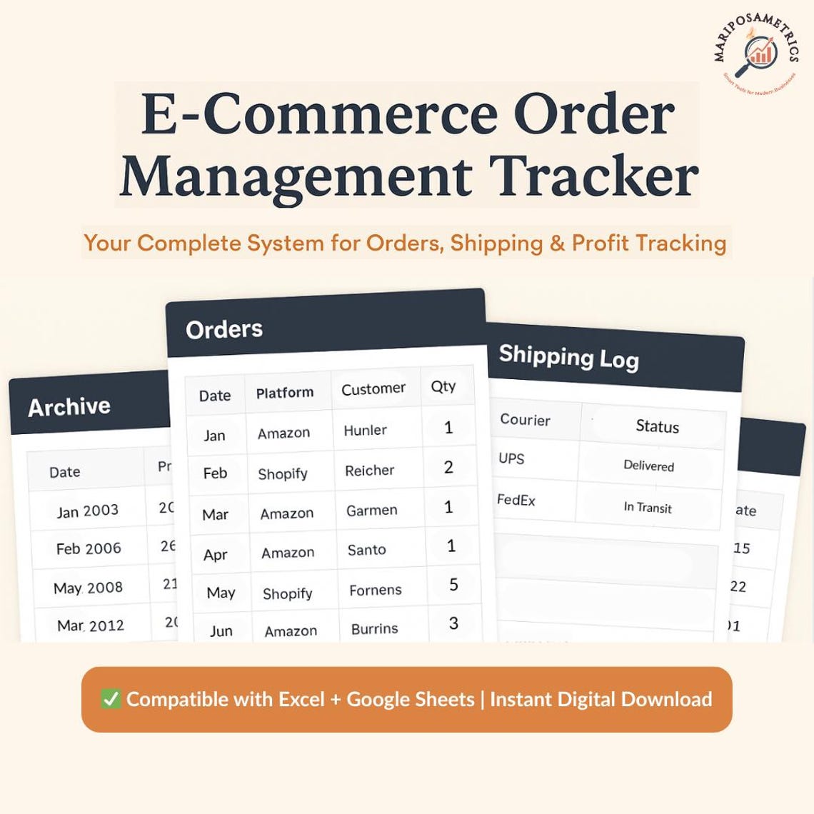 E-commerce Order Management Tracker, Excel & Google Sheets (digital ...