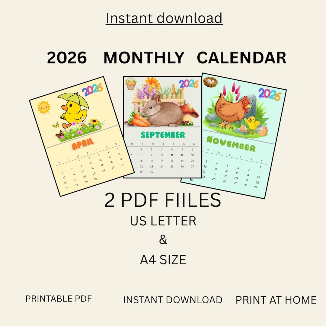 2026 Printable Animal Calendar | Cute Kids Wall Calendar | 12-page ...