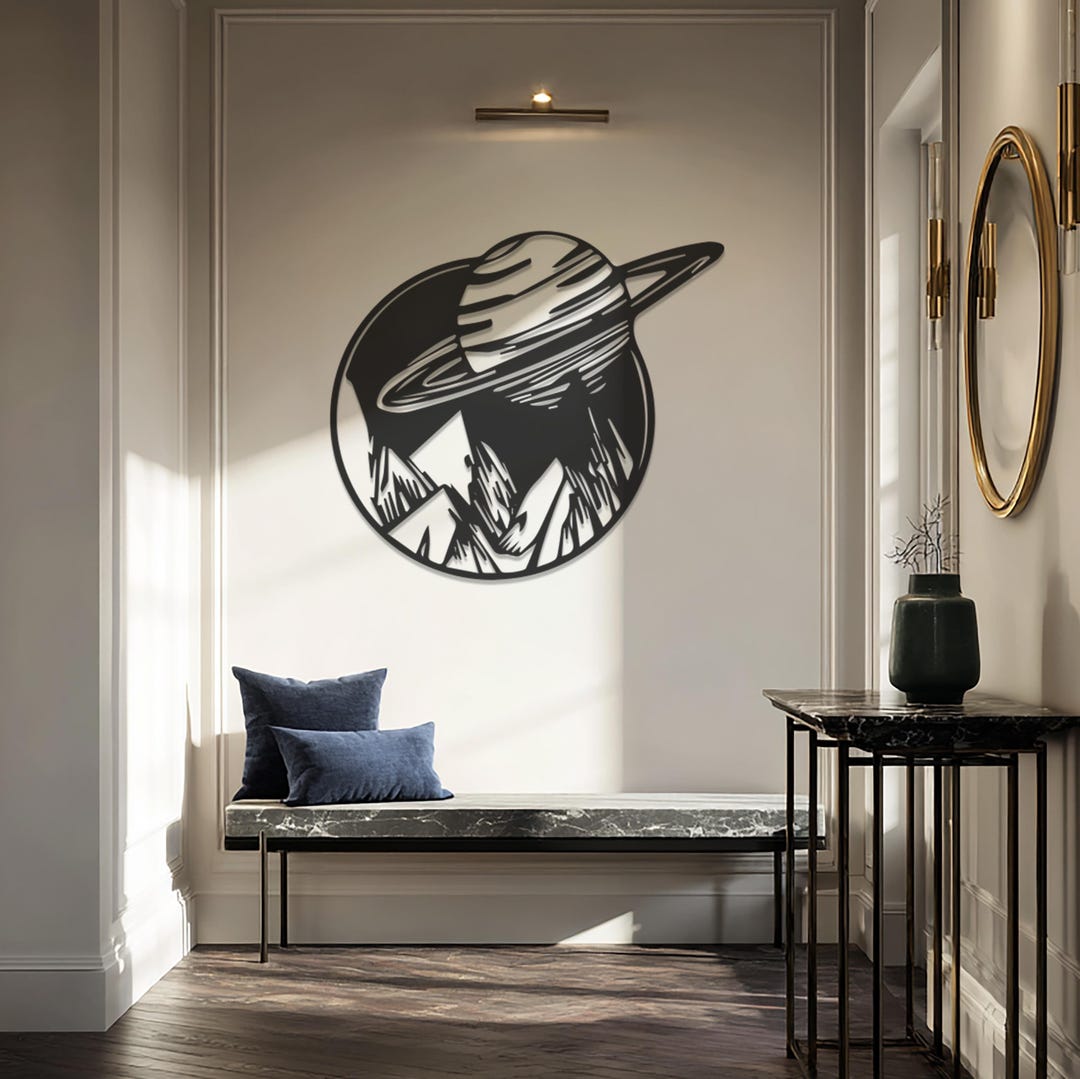 Saturn Metal Wall Art, Planet Wall Decor, Cosmic Mountain Design ...