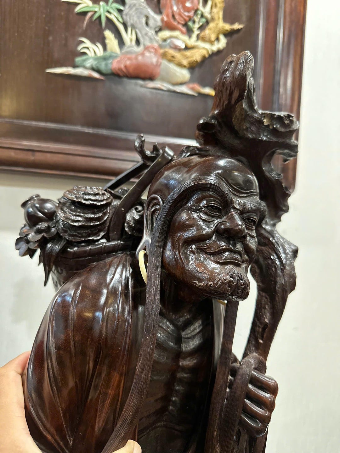 Hand-carved Rosewood Ajita Arhat Statue: Long Eyebrow Lohan, Buddhist ...