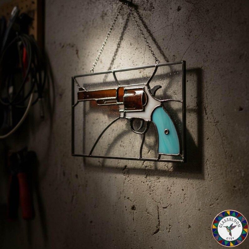 Revolver Stained Glass Pattern – Gun Silhouette Framed Design, Western ...