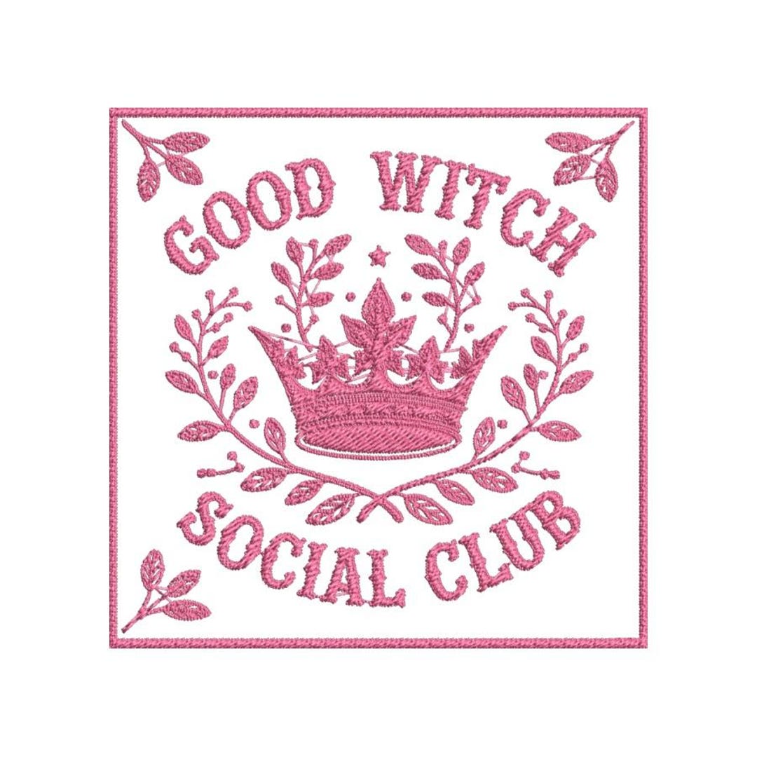 Witchy Crown Emblem Embroidery Design, Laurel Branch Badge, Pink Thread ...
