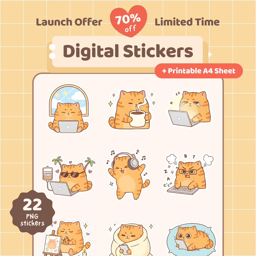 Cute Cat Digital Stickers Goodnotes Sticker Pack Adorable Digital ...