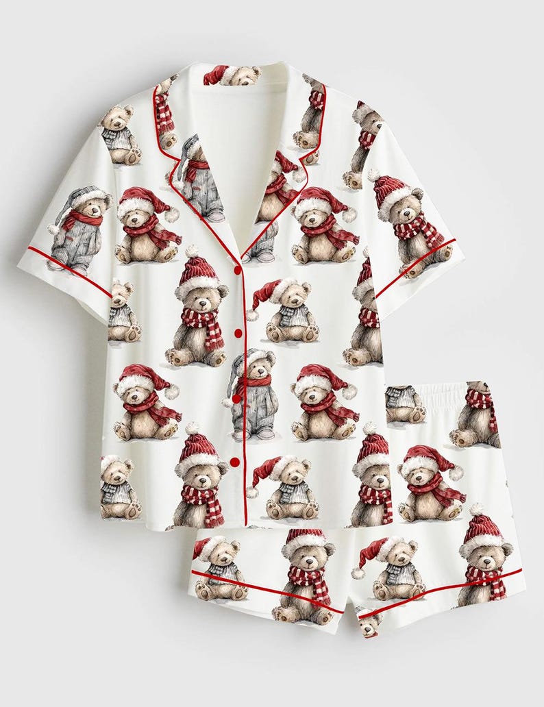 Christmas Teddy Bears Short Sleeve Satin Pajama Set, Christmas ...