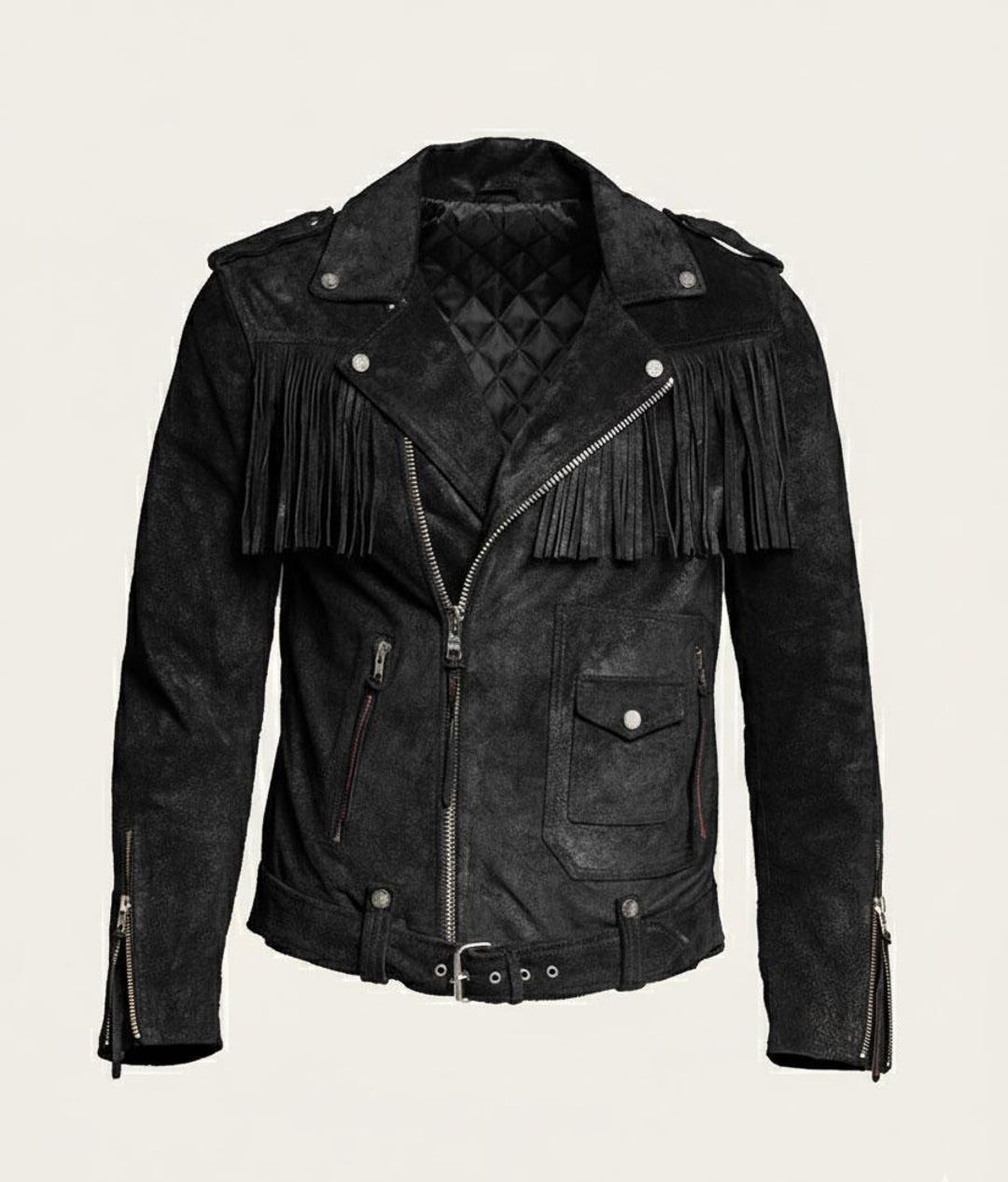 Black Real Leather Fringe Biker Jacket Men's, Western Tassel Motorcycle ...
