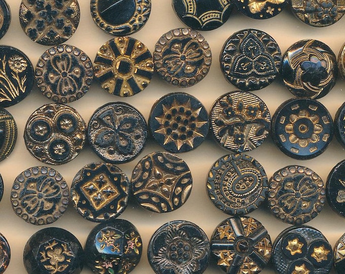 Antique Victorian Black Glass Buttons With Gold Luster Lot of 70 Small ...
