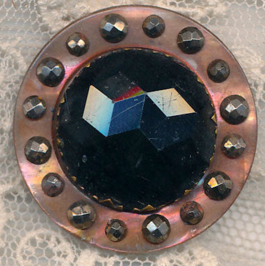Antique Pearl Shell Button Black Glass Center and Cut Steel Border Ca ...
