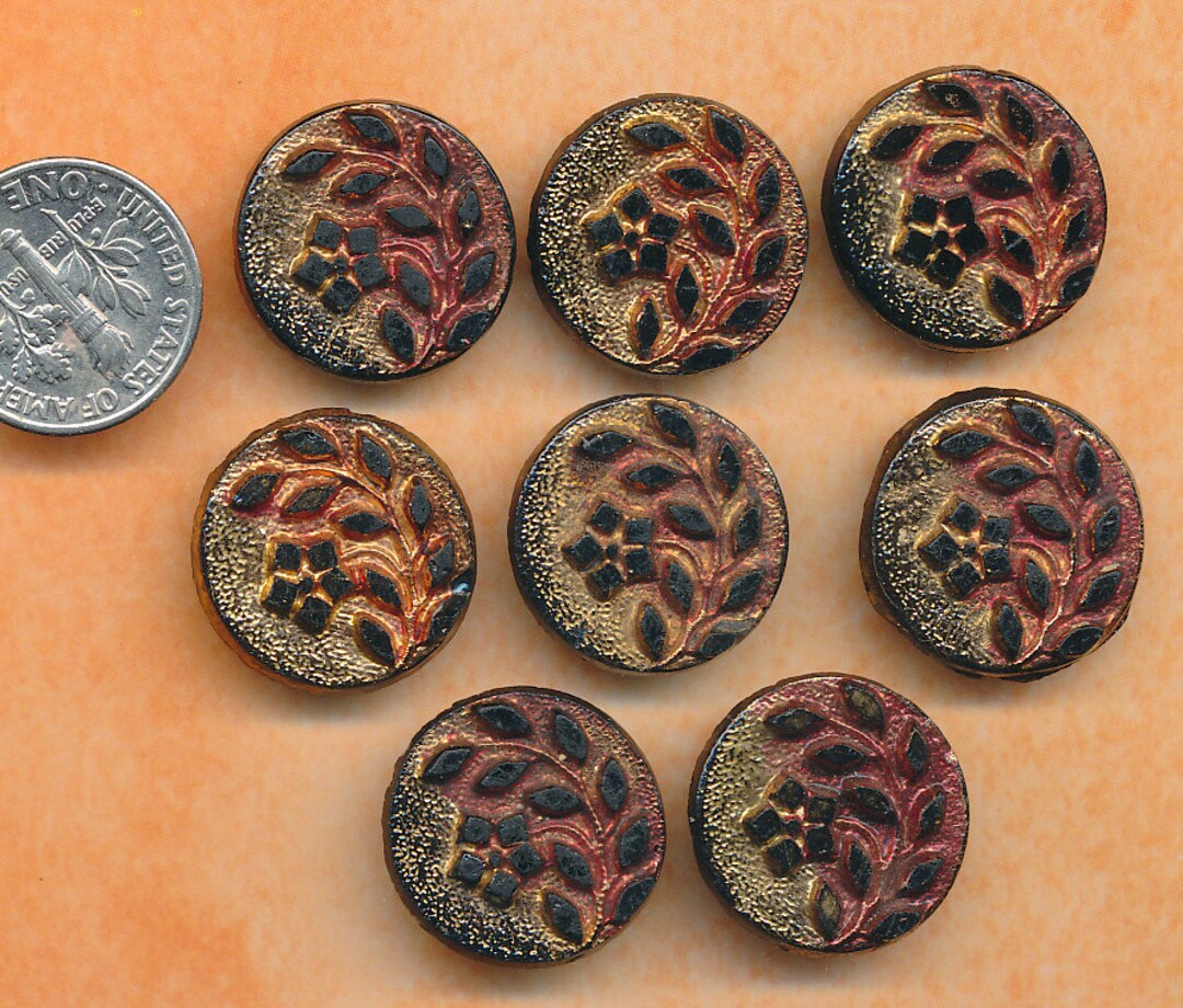 Antique Victorian Black Glass Buttons Set of 8 With Gold and Red Luster ...