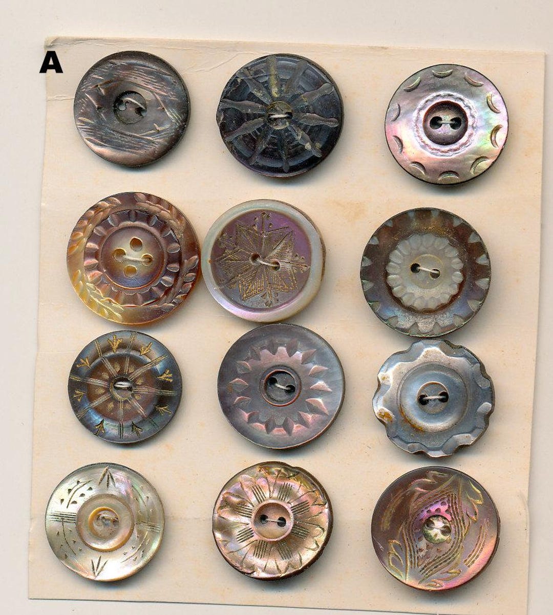 12 Antique Small Carved Pearl Shell Buttons - Lot#octa Size 5/8 to 11/ ...