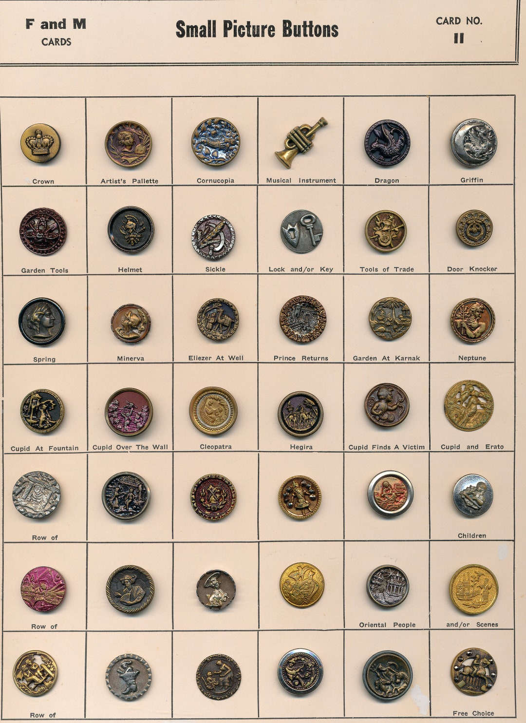 Small Antique Metal Picture Buttons Card#2 - Card of 42 - 1/2" to 11/16 ...