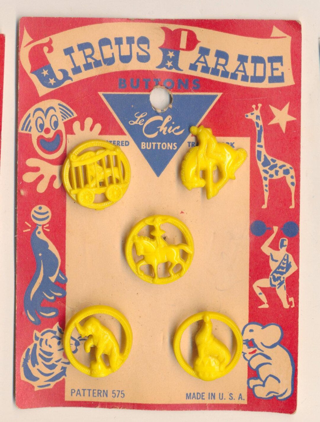 Vintage Realistic Plastic Buttons Yellow Circus Set on Original Card Ca ...