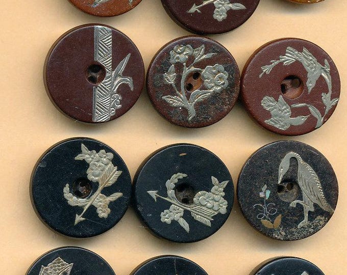 Antique Buttons -horn and Composition With Metal Inlay Inlaid Lotb - 12 ...