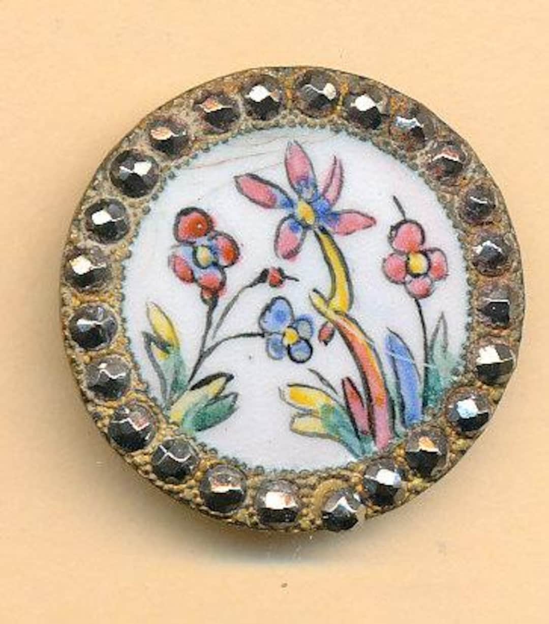 Antique Enamel Button White With Pink a Flowers 1890's to 1910's - Etsy