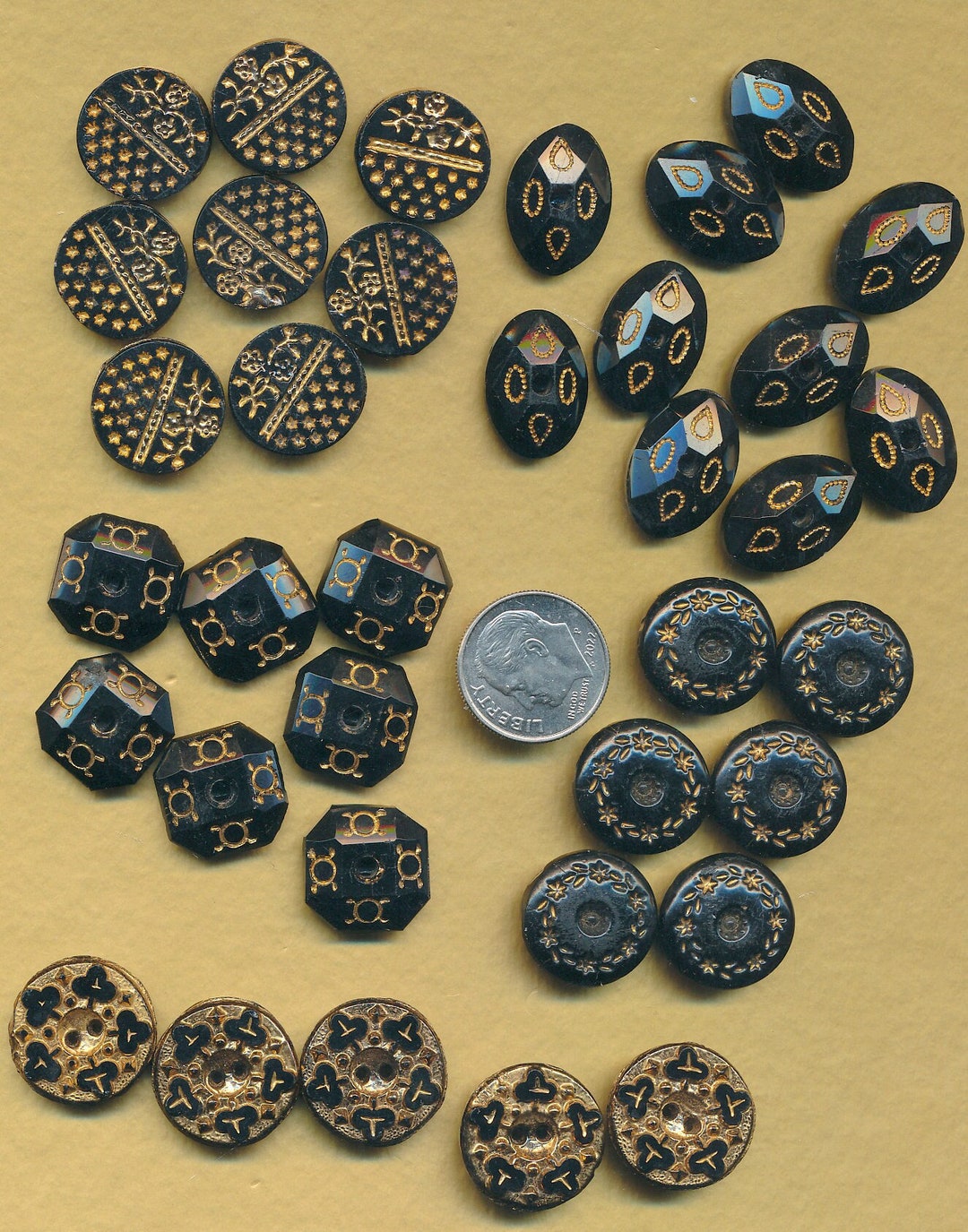 Antique Victorian Black Glass Buttons With Gold Luster 5 Matching Sets ...