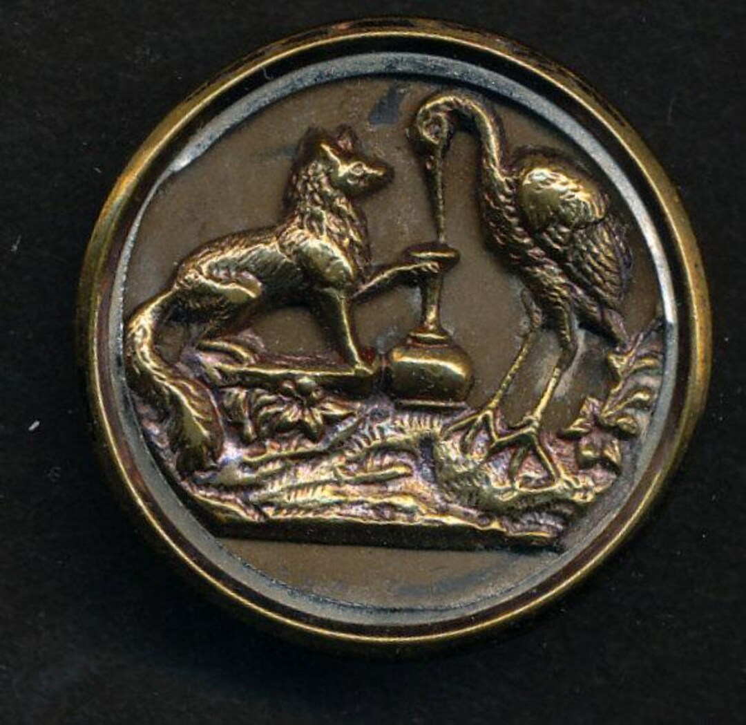 Antique Victorian Button - Fox and the Crane Aesop's Fable Brass Ca ...