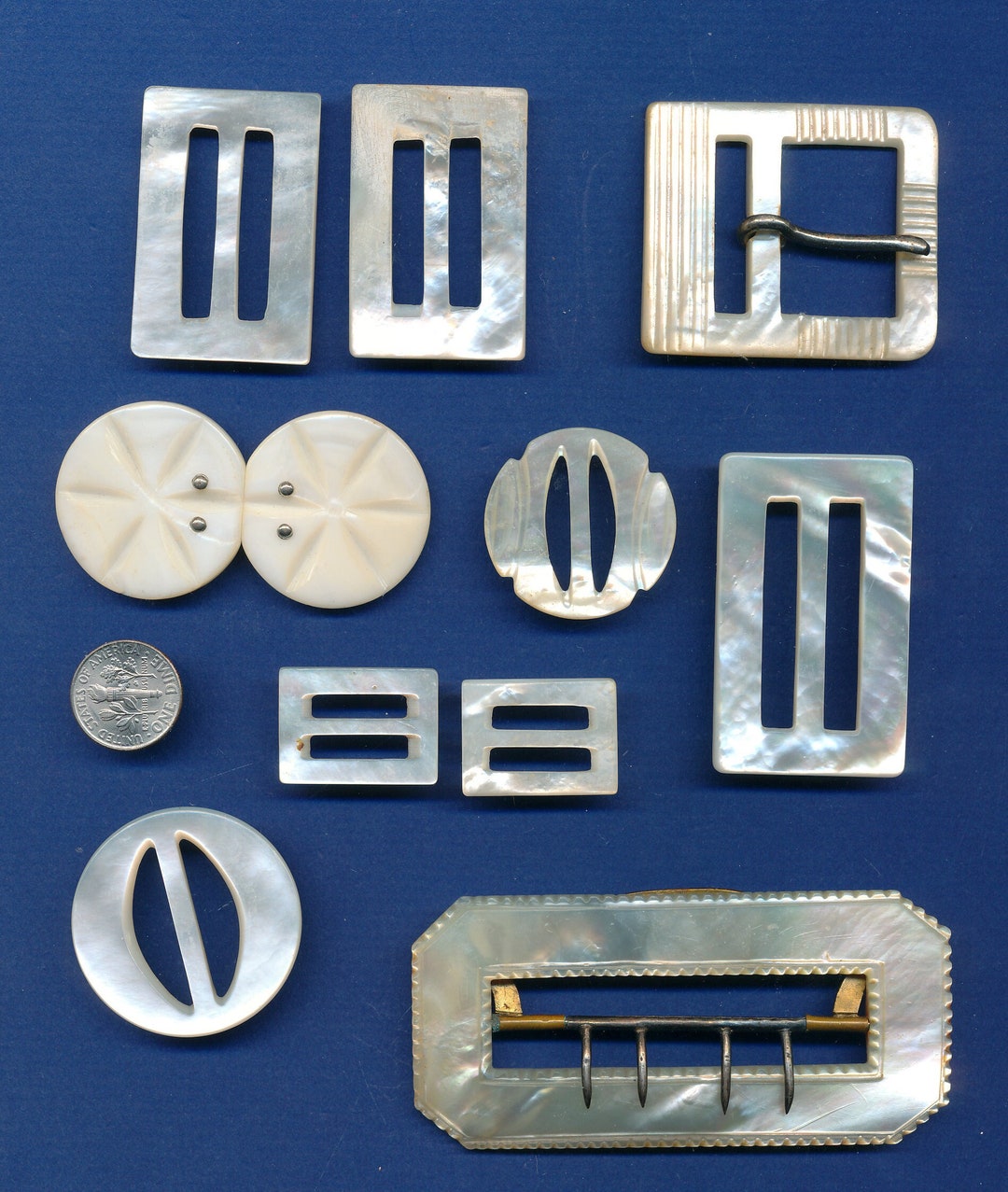 Antique Vintage Pearl Shell Buckles and Lot of 10 Including 2 Two-piece ...