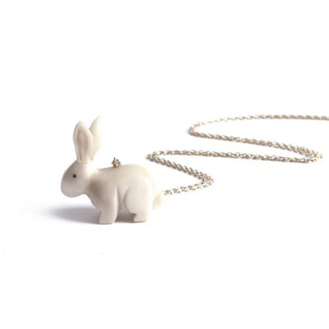 Snow Rabbit Gold Chain Necklace / Winter Hare Animal Pendant Miniature ...