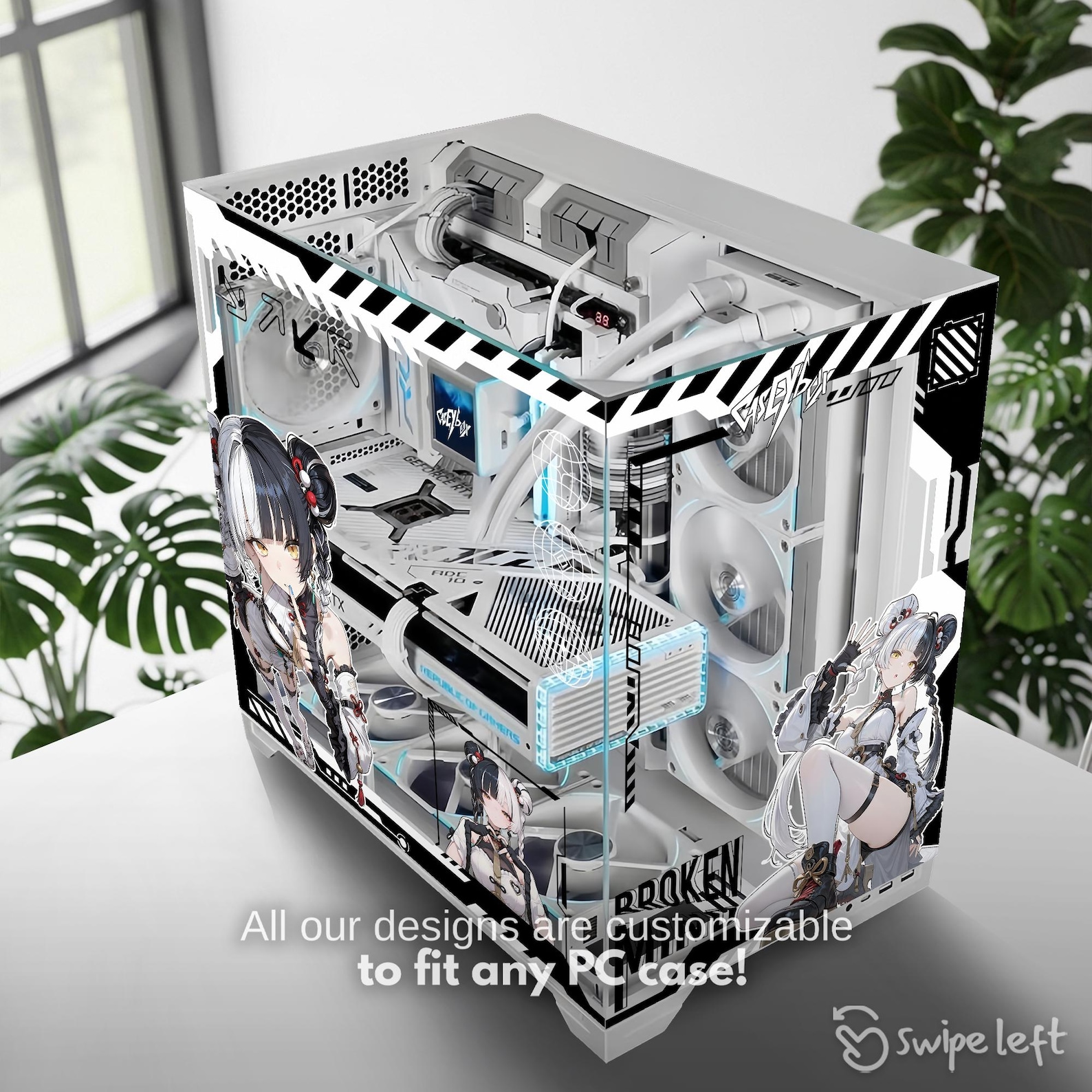 Gamer Girl PC Case Skin, White Gaming Setup Broken Mind Sticker, Custom ...