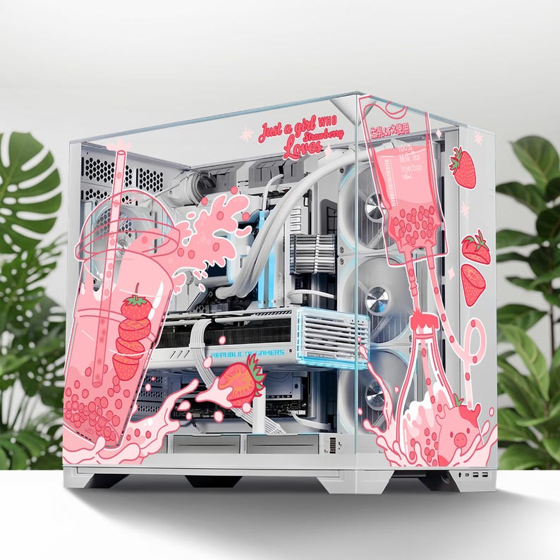 Strawberry PC Case Skin, Sticker - Boba Milk Gaming Pc Decal, Gift For ...