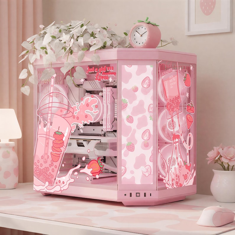 Strawberry PC Case Skin, Sticker - Boba Milk Gaming Pc Decal, Gift For ...