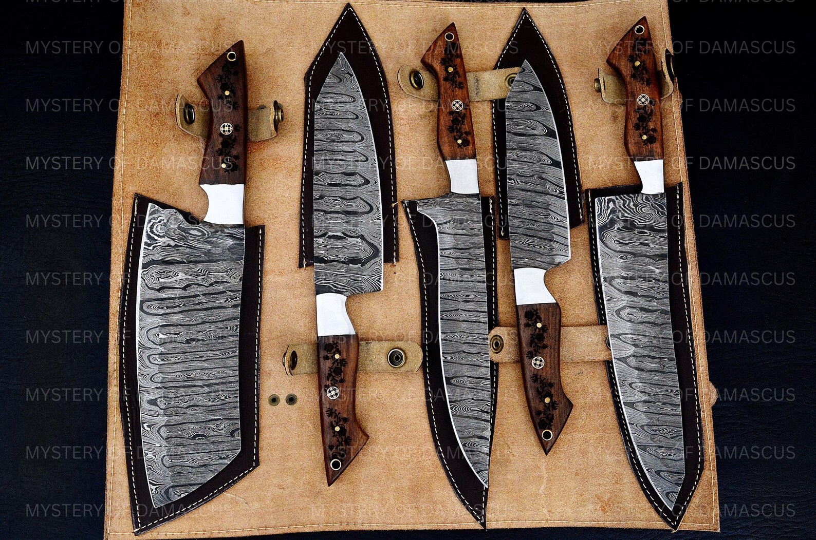 Handmade Damascus Knife Set BBQ, Butcher & Chef Knives in Leather Roll ...