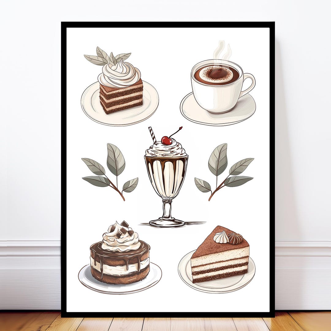 Retro Coffee and Cake Poster, Vintage Kitchen Illustration, Dining Room ...