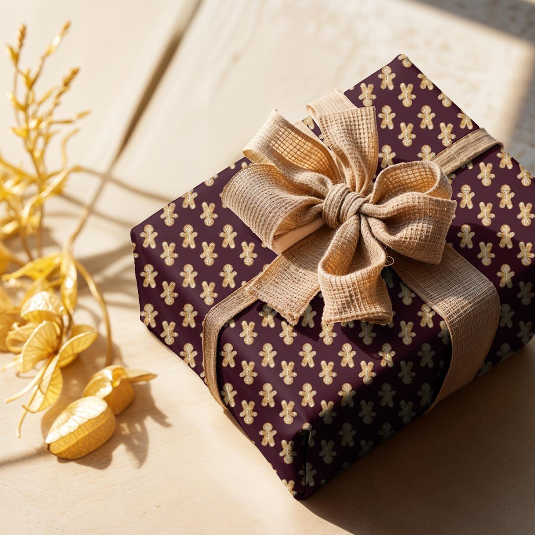 Gingerbread Man Gift Wrap Paper, Cute Christmas Cookie Wrapping Sheets ...