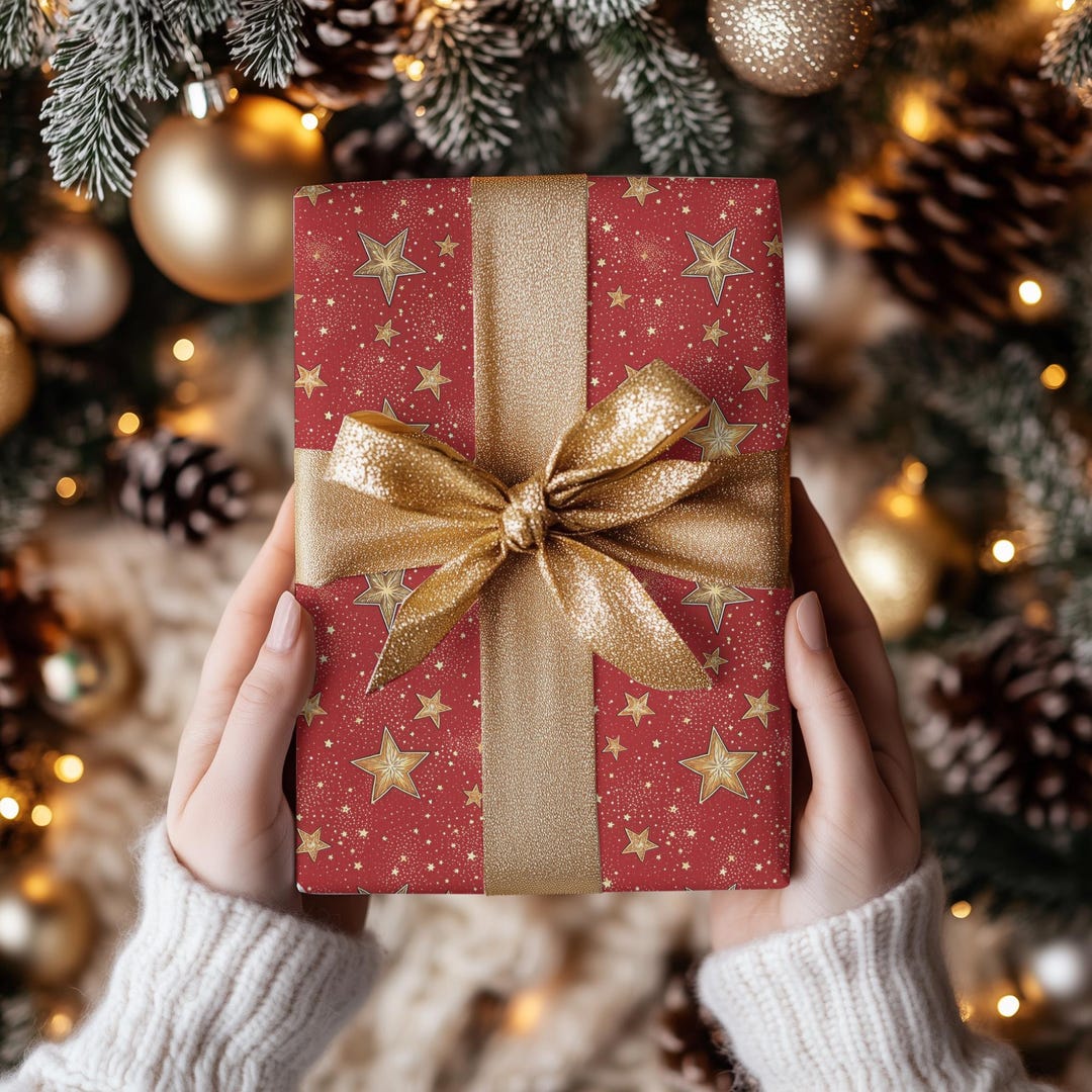 Gold Star Christmas Wrapping Paper, Red Holiday Gift Wrap Sheets ...