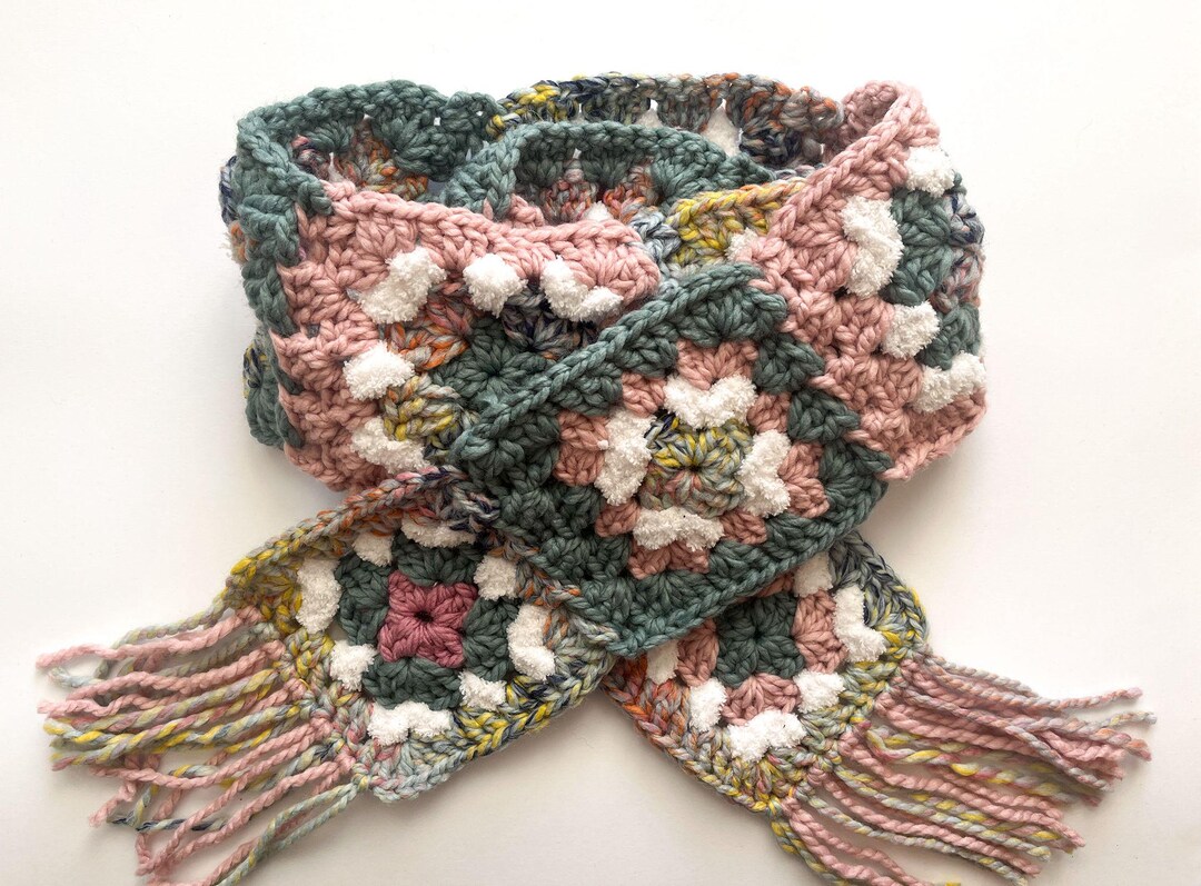 Pastel Granny Square Scarf With Fringe, Pink Sage Green Crochet, 3D ...