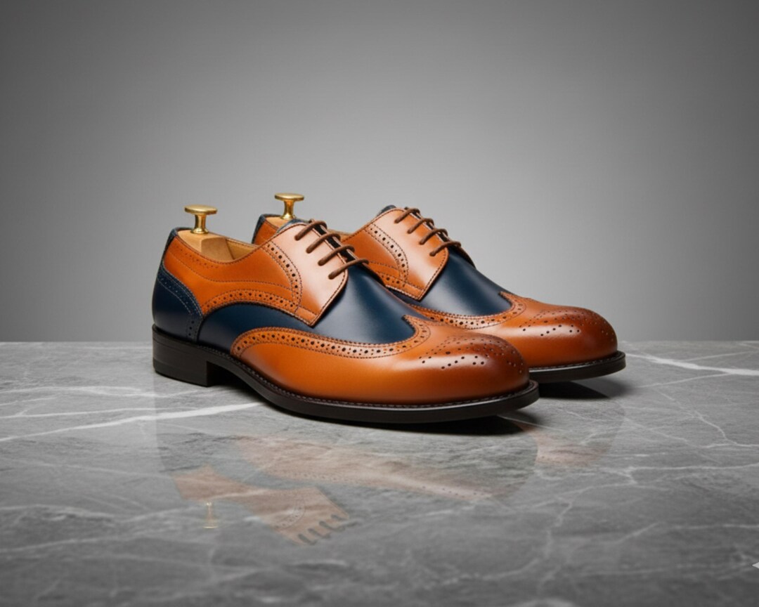 Handmade Brown Navy Leather Brogues for Men | Italian Style Handmade ...