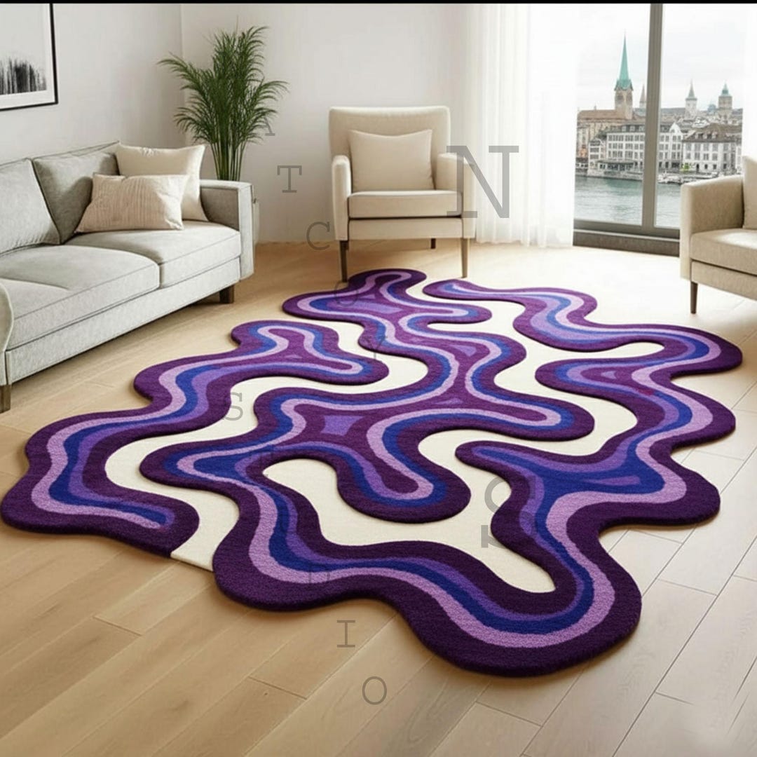 Handmade Wavy Wool Area Rug: Retro Purple & Blue Curvy Carpet - Etsy