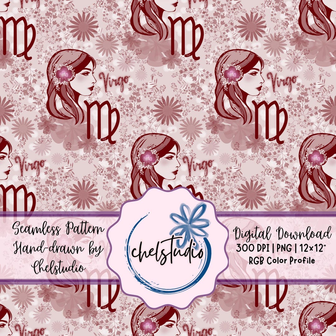 Virgo Zodiac Sign | Hand-drawn Seamless Pattern | 12x12” 300 DPI PNG ...
