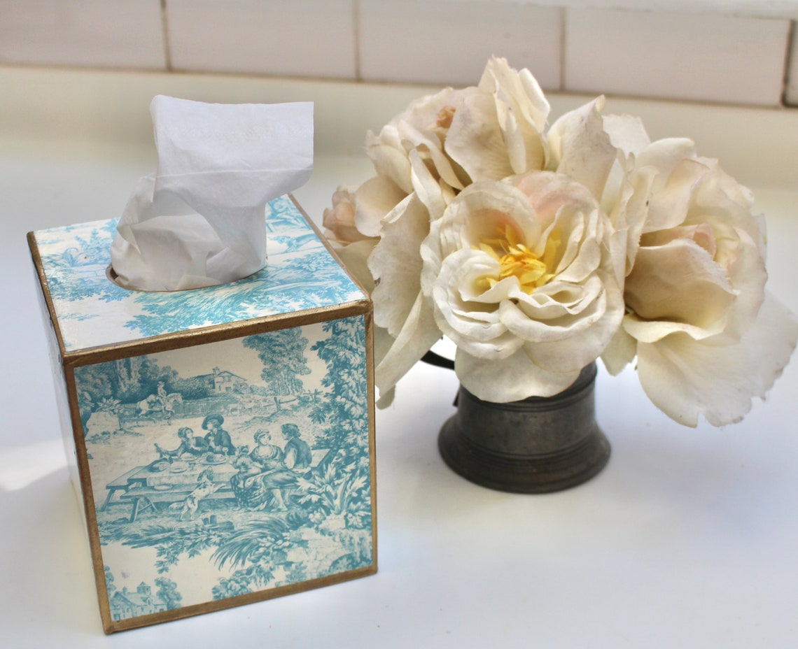 Aqua French Toile Tissue Box Cover - Etsy