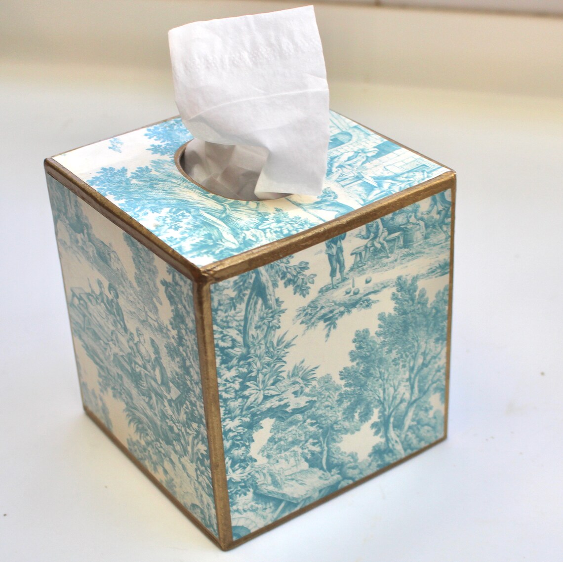 Aqua French Toile Tissue Box Cover - Etsy