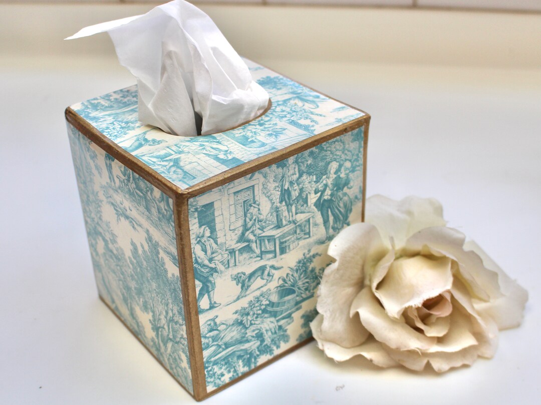 Aqua French Toile Tissue Box Cover - Etsy