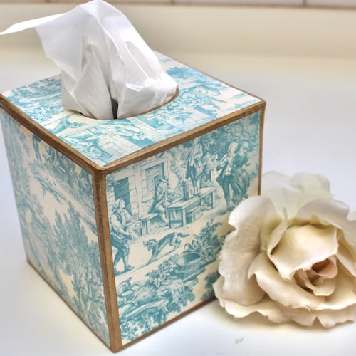 Aqua French Toile Tissue Box Cover | Etsy