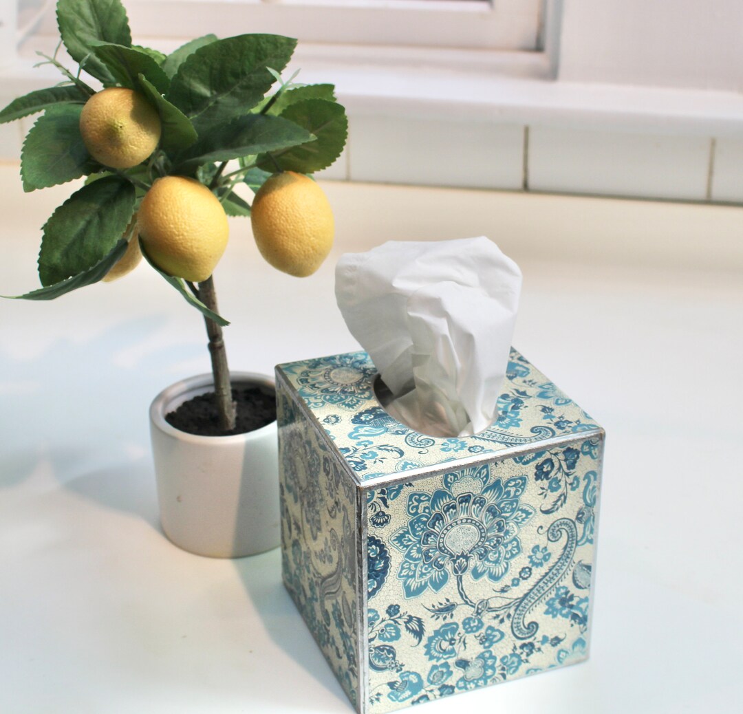 Navy and Aqua Paisley Tissue Box Cover - Etsy