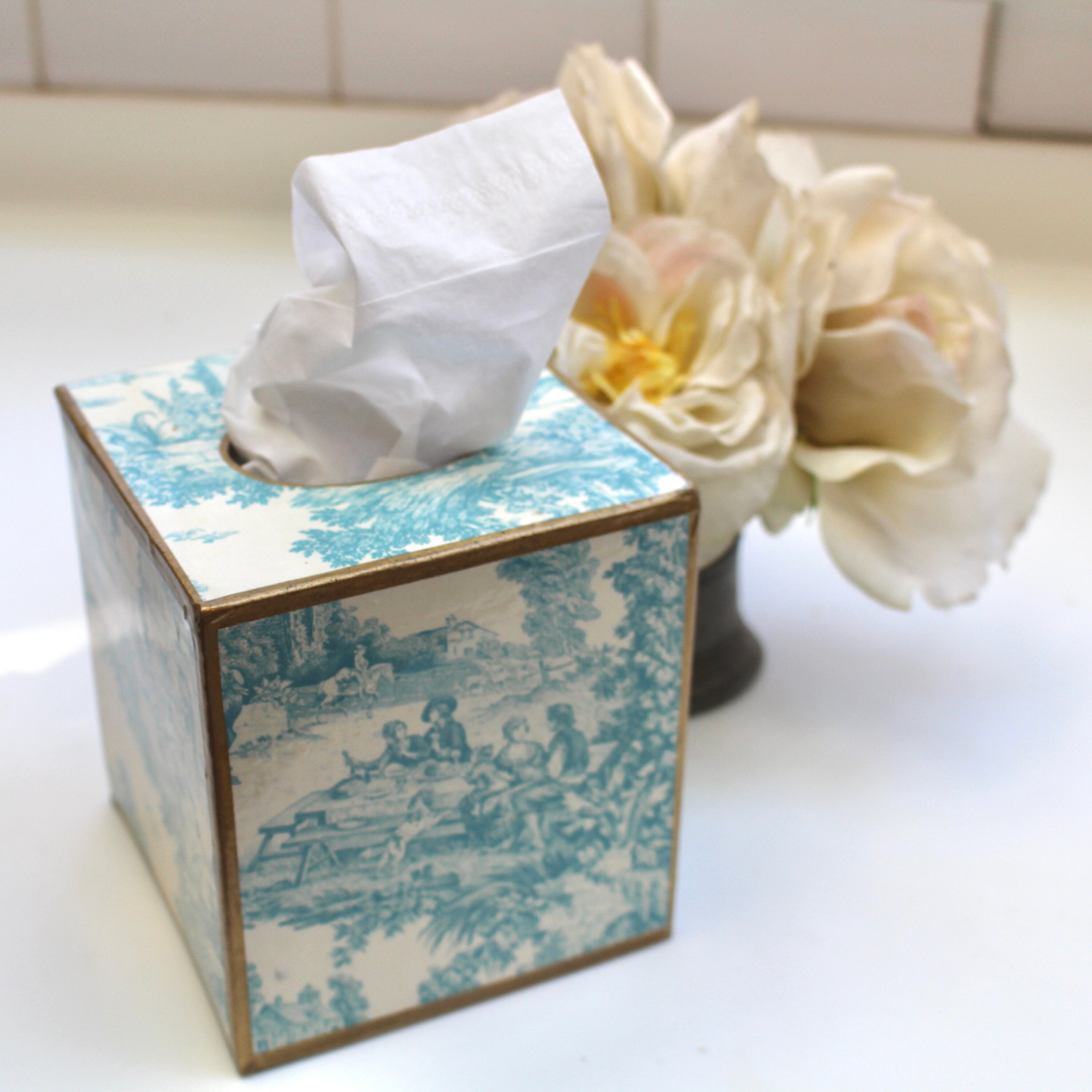 Aqua French Toile Tissue Box Cover | Etsy
