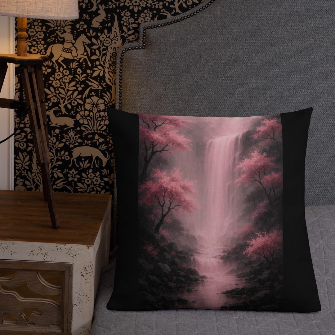 Sakura Waterfall Pillow – Japanese Fantasy Art, Serene Home Decor - Etsy