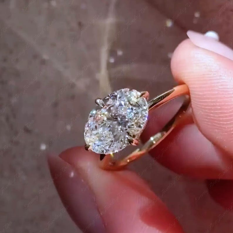 East to West 3 CT Oval Shape Moissanite Engagement Ring, 14K Gold ...