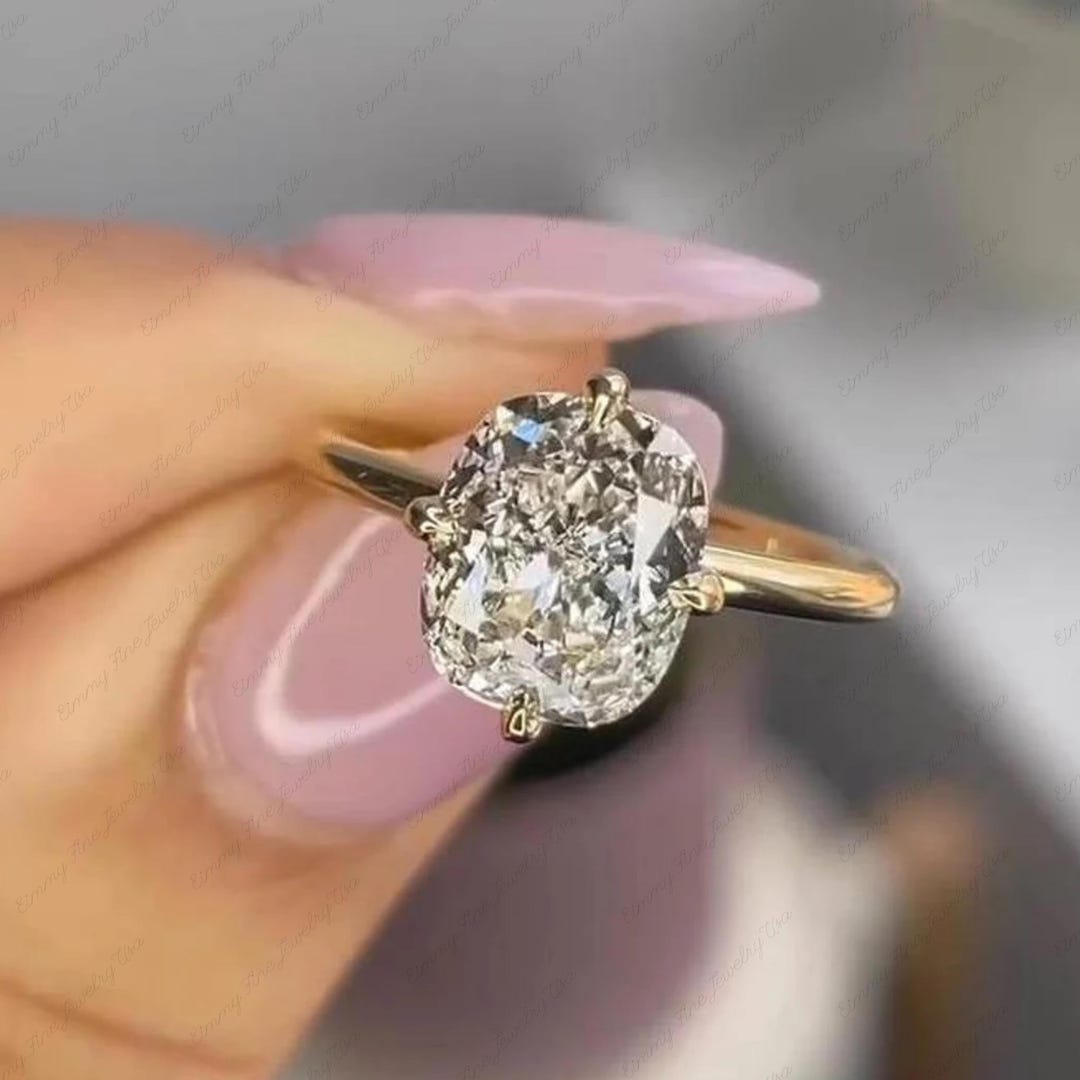 Compass Set 3CT Elongated Cushion Diamond Ring, Long Cushion Moissanite ...